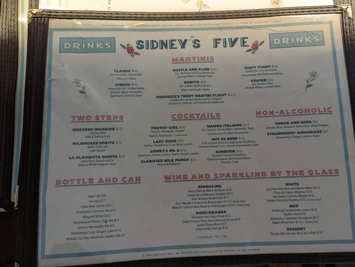 Menu at Sidney’s Five pub & bar, New York City