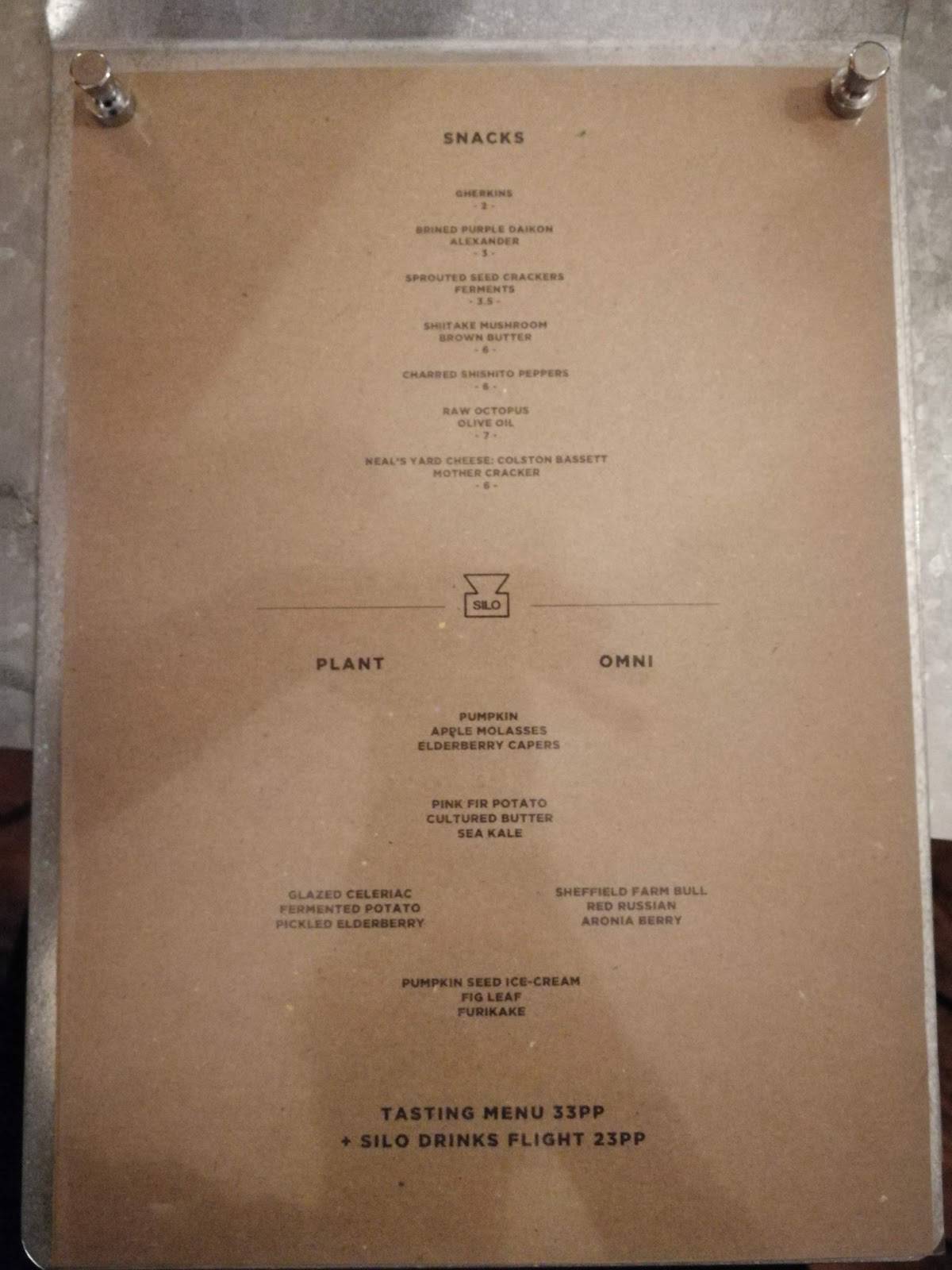 Menu at Silo Brighton cafe, Brighton