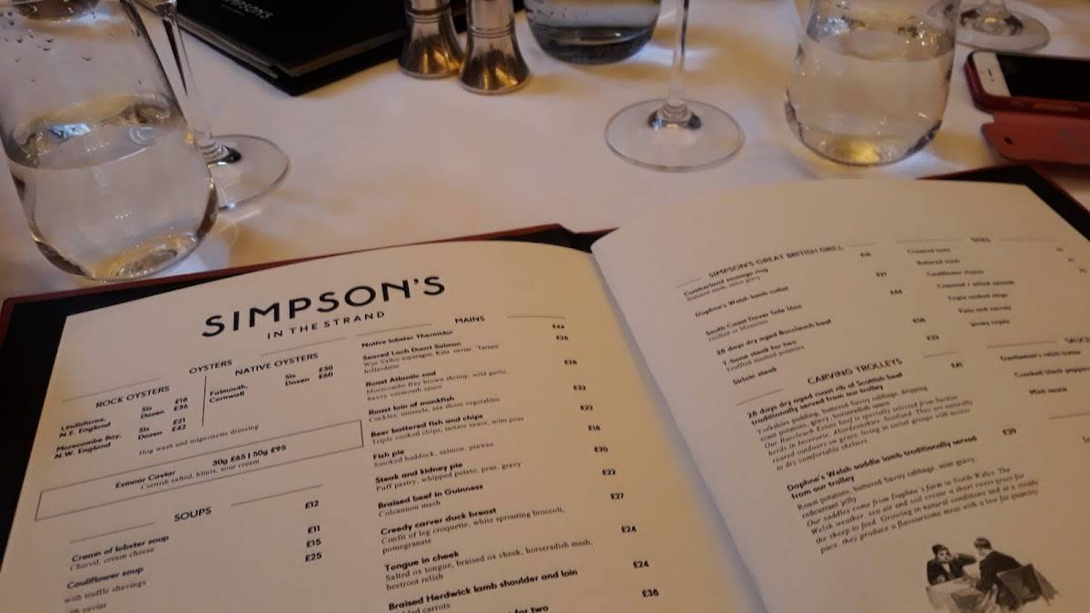 Menu at Simpson's in the Strand restaurant, London