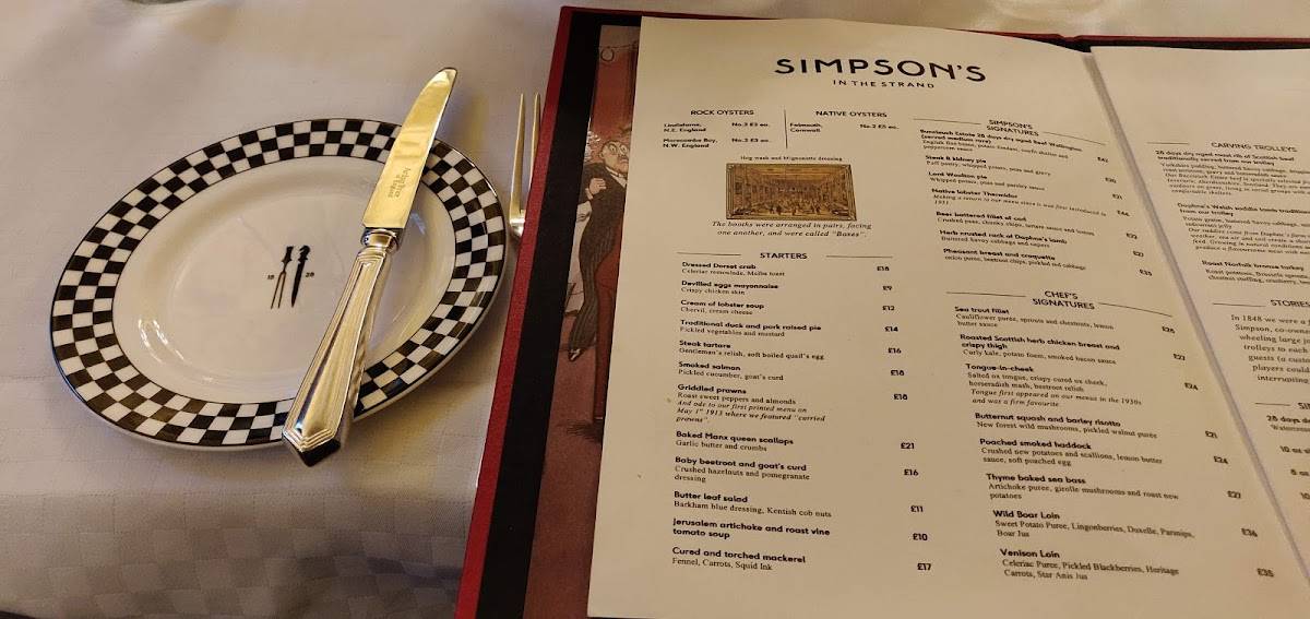 Menu at Simpson's in the Strand restaurant, London