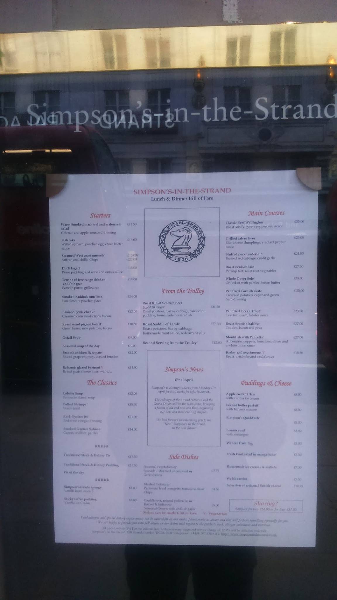Menu at Simpson's in the Strand restaurant, London