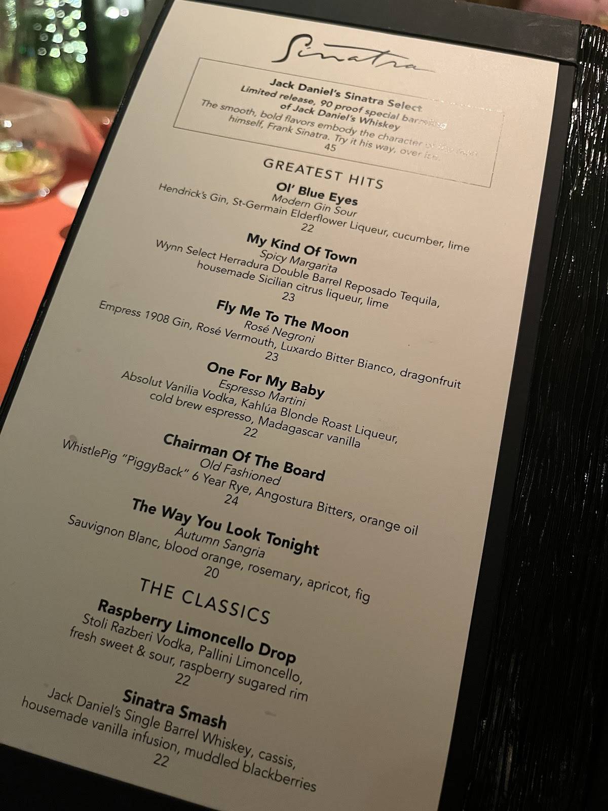Menu at Sinatra pub & bar, Las Vegas, Las Vegas Blvd S
