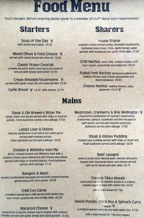 Menu at Sinclairs Oyster Bar, Manchester