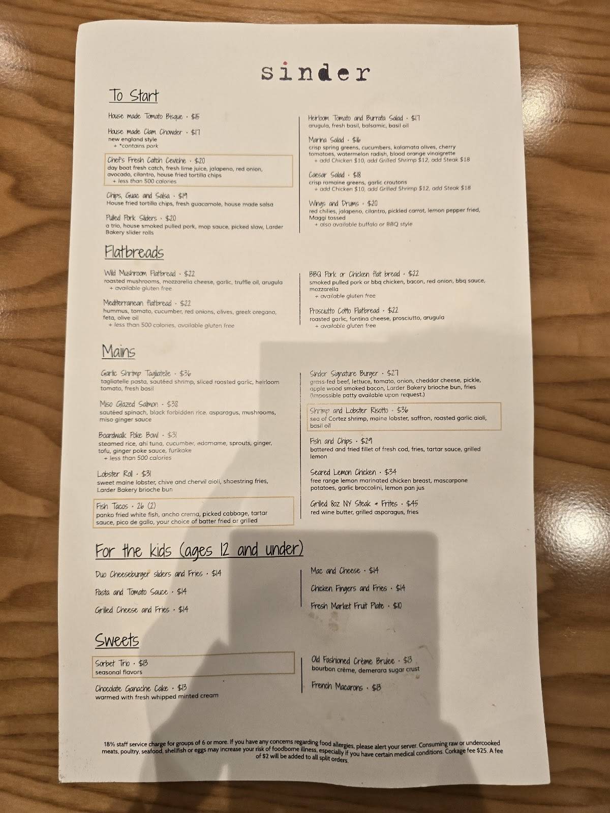 Menu at Sinder Lounge restaurant, Marina del Rey