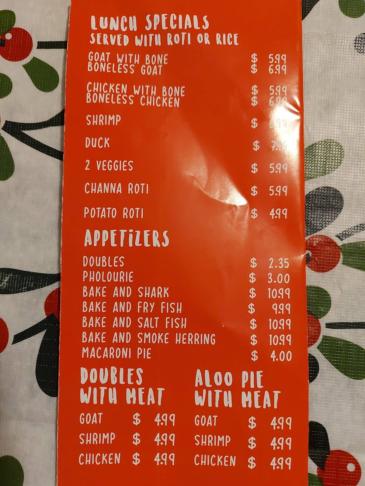 Menu at Singh's Roti and Doubles restaurant, Whitby