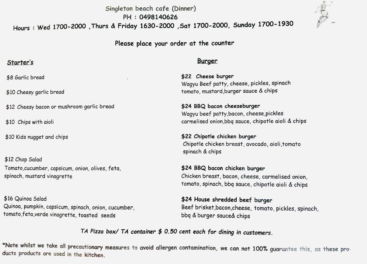 Menu at Singleton Beach Cafe, Singleton