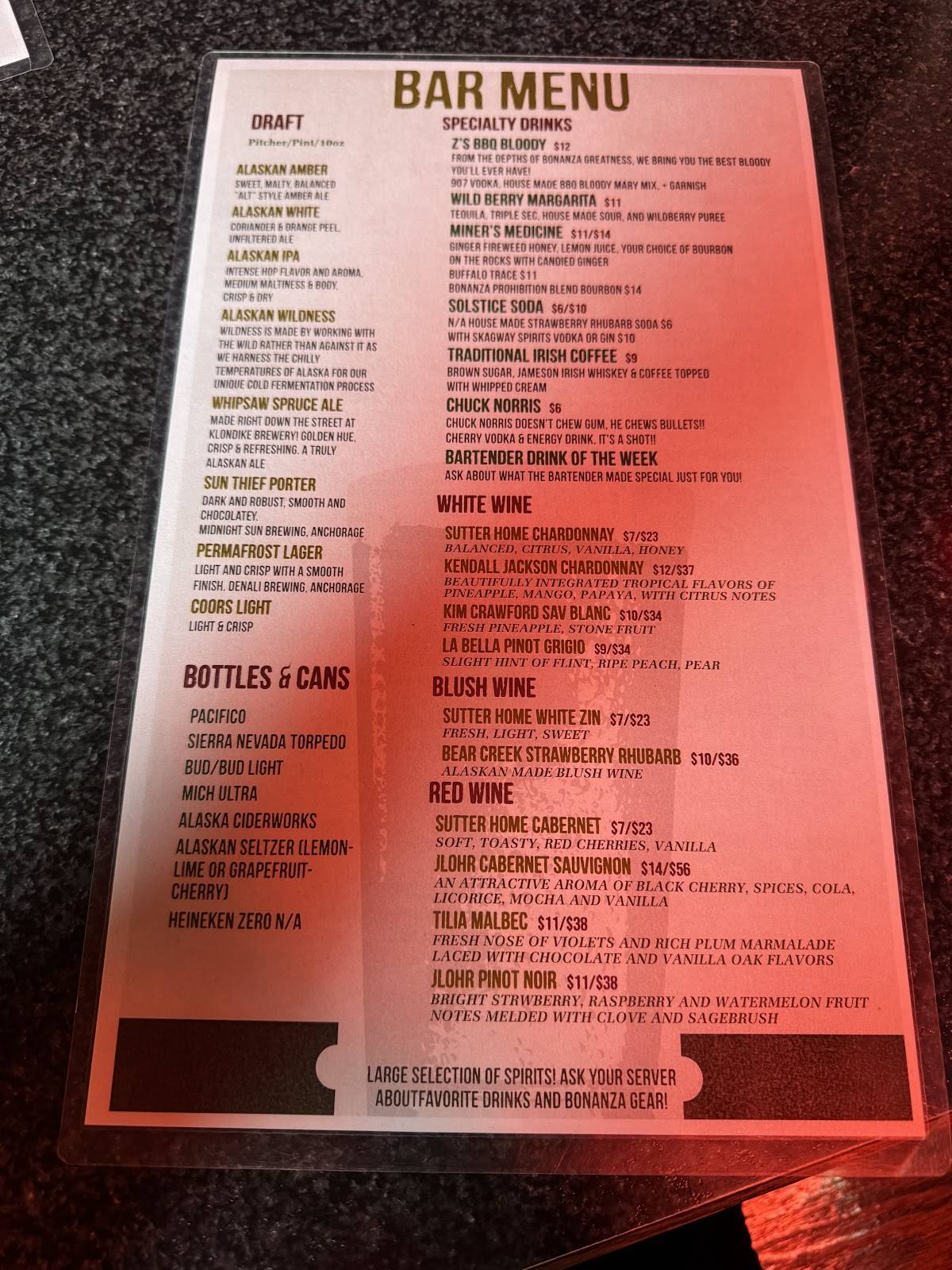 Menu at Bonanza Bar & Grill, Skagway