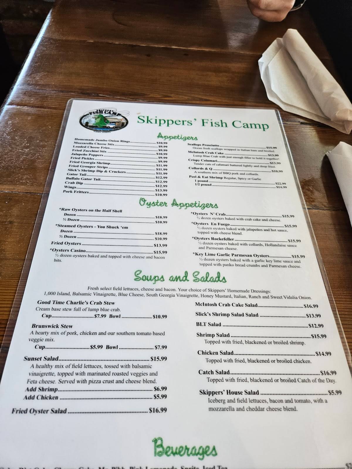 Menu at Skippers’ Fish Camp restaurant, Darien