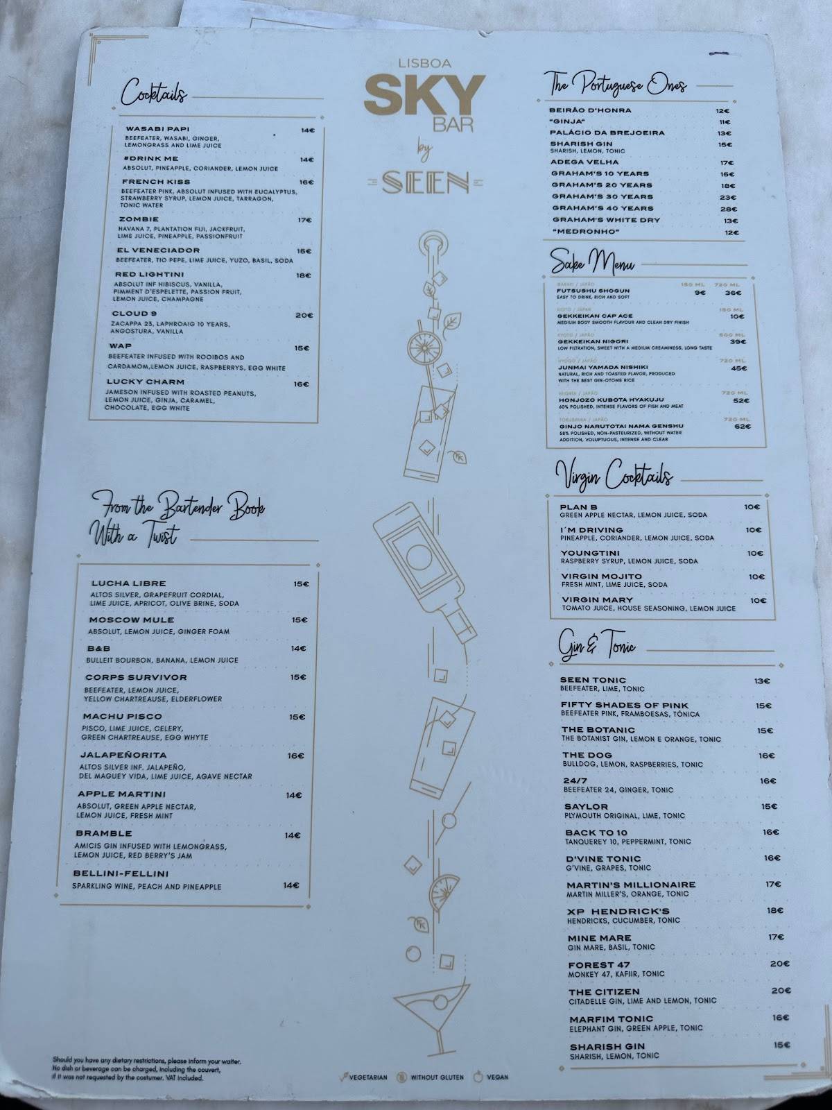 Menu at SEEN Sky Bar, Lisbon, Av. da Liberdade 185