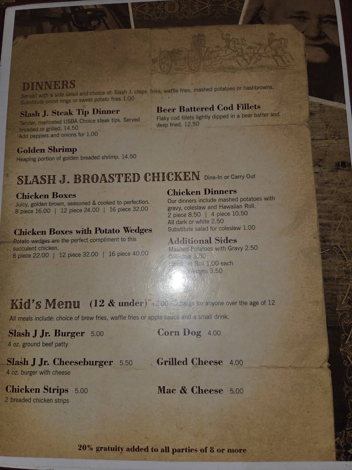 Menu at Slash J Saloon pub & bar, Summerset