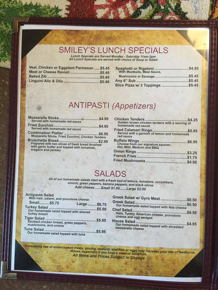 Menu at Smiley's Ristorante & Pizzeria, Massillon