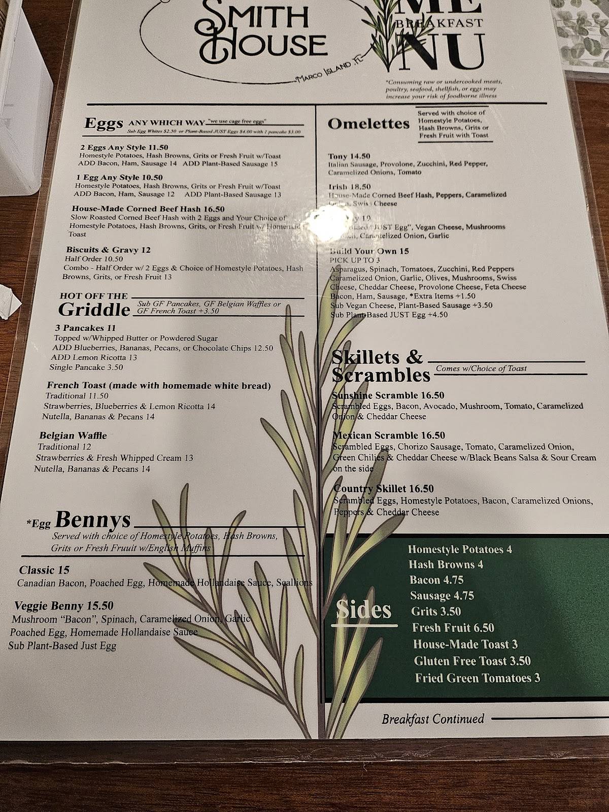 Menu at Smith House restaurant, Marco Island