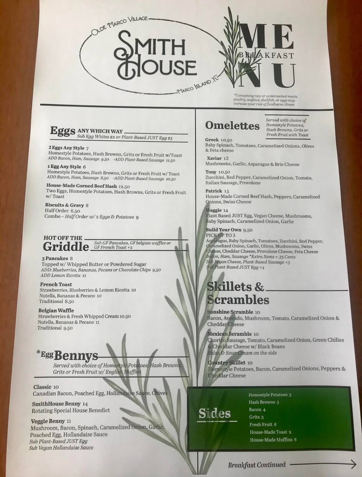 Menu at Smith House restaurant, Marco Island