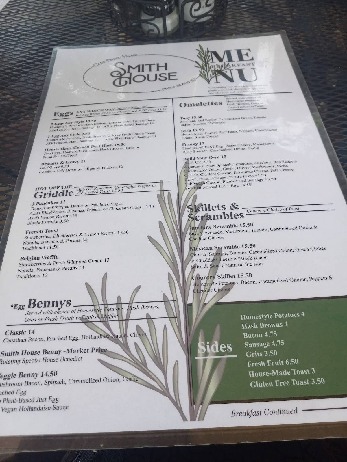 Menu at Smith House restaurant, Marco Island