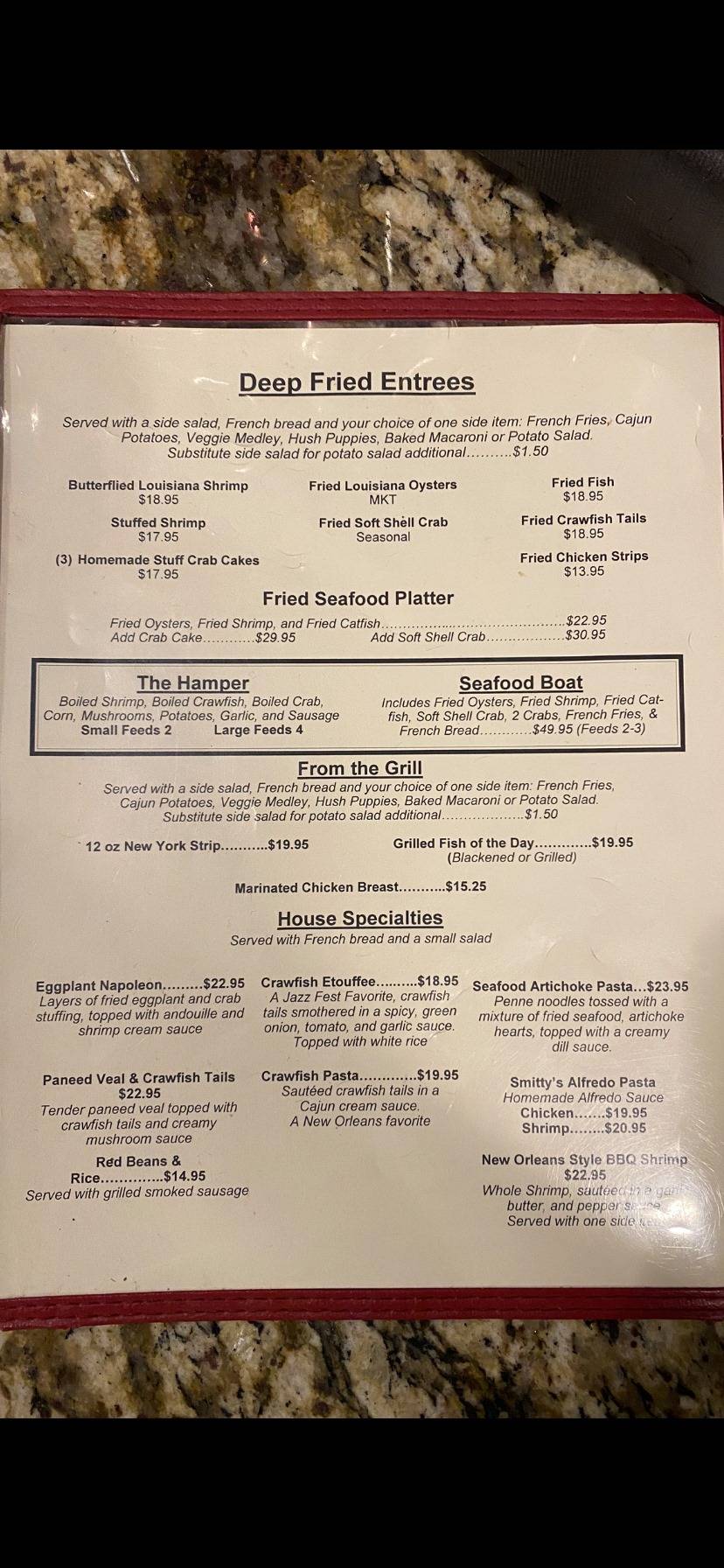 Menu at Smitty's Seafood restaurant, Kenner, W Esplanade Ave