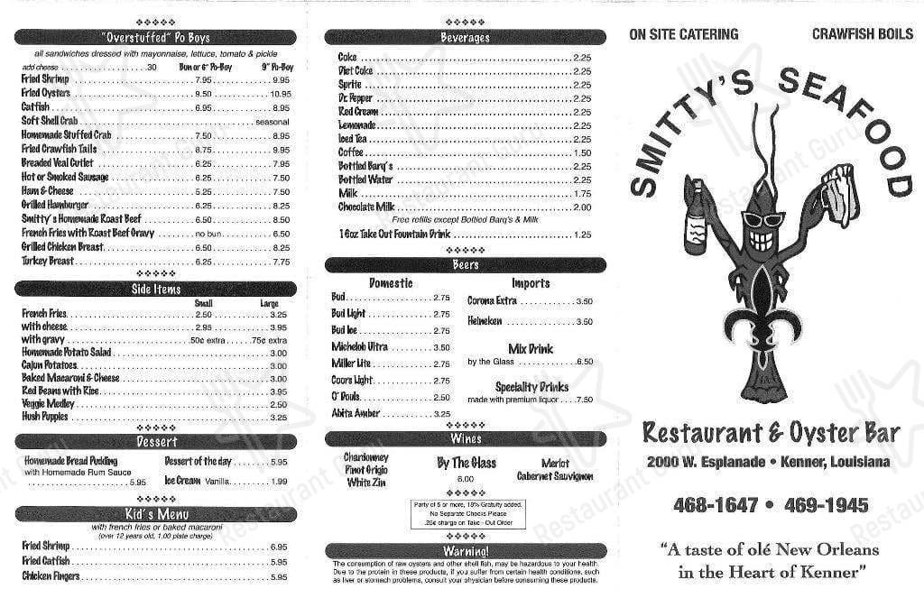 Menu at Smitty's Seafood restaurant, Kenner, W Esplanade Ave