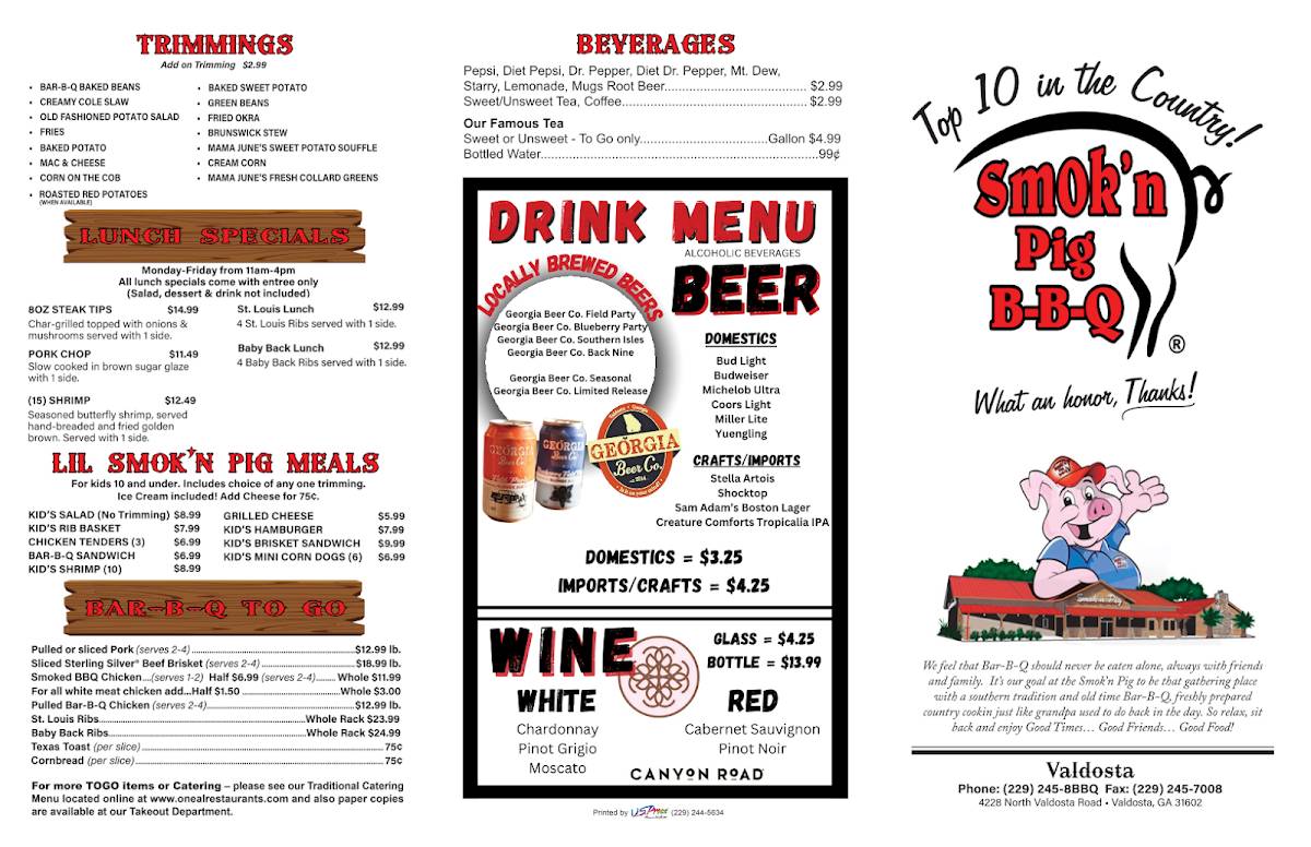 Menu at Smok'n Pig BBQ, Valdosta, N Valdosta Rd