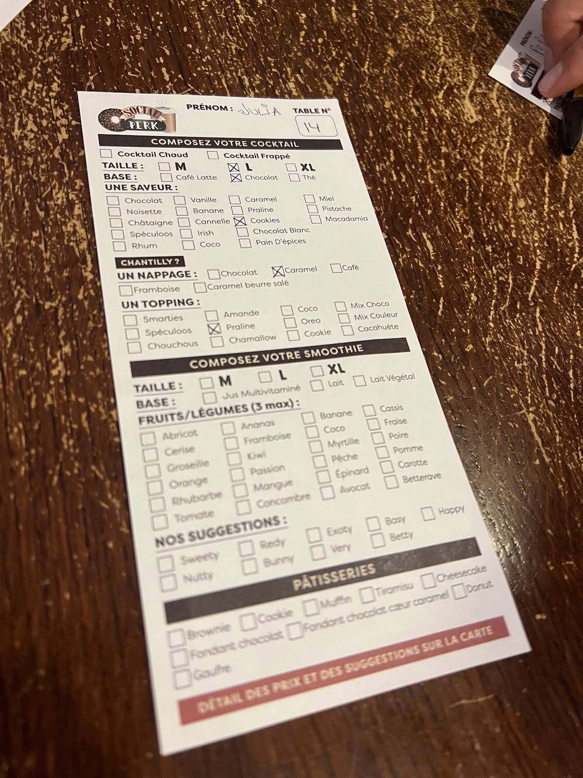 Menu au Social Perk pub et bar, Rouen
