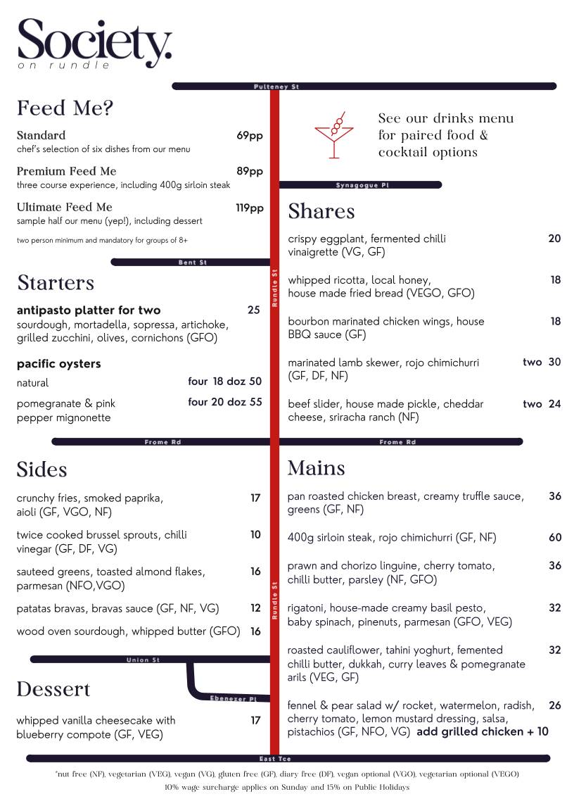 Menu at Society Bar & Restaurant, Adelaide