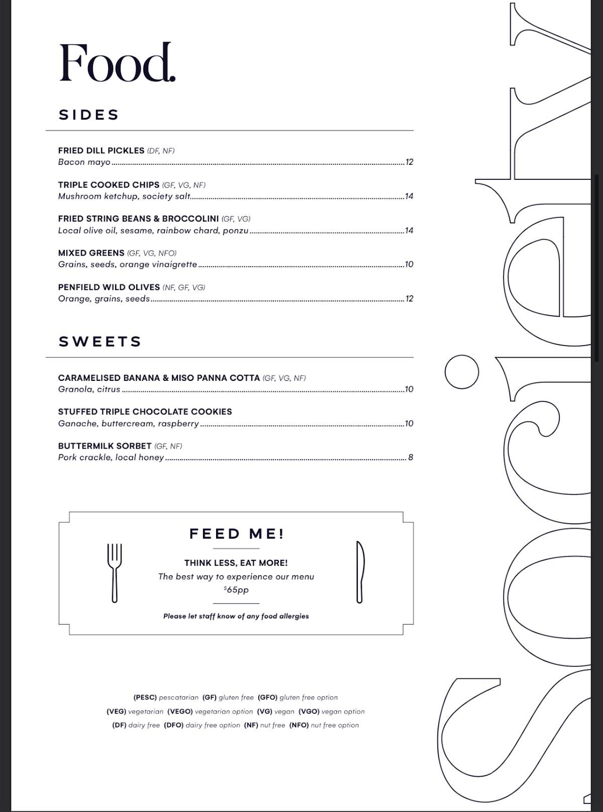 Carta de Society Bar & Restaurant, Adelaida