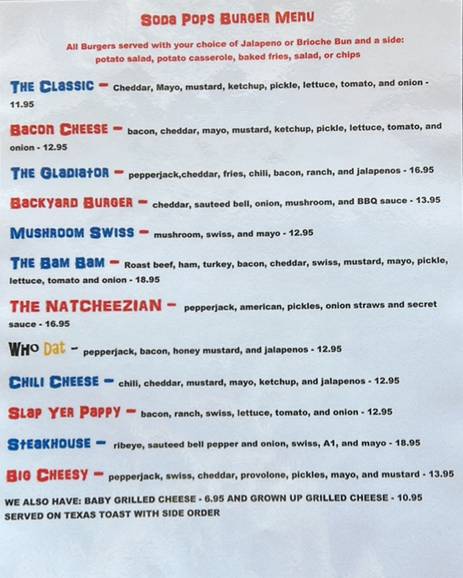 Menu at Soda Pops restaurant, Natchez, 352 John R Junkin Dr # 116