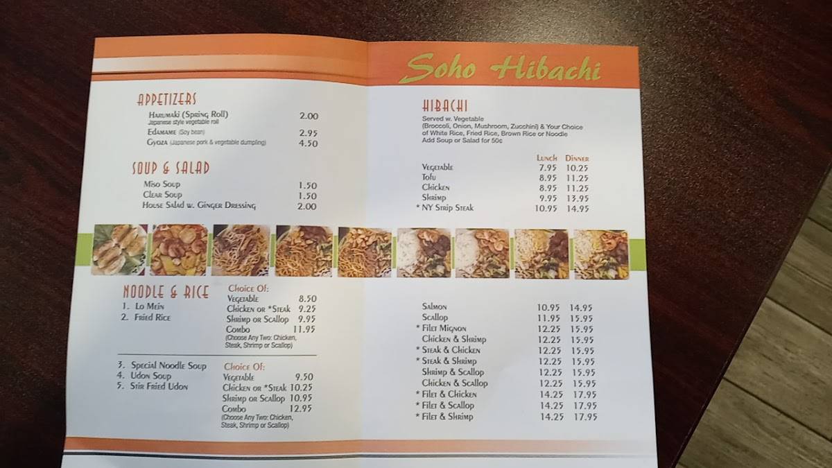 Menu at Soho Hibachi restaurant, Fort Oglethorpe