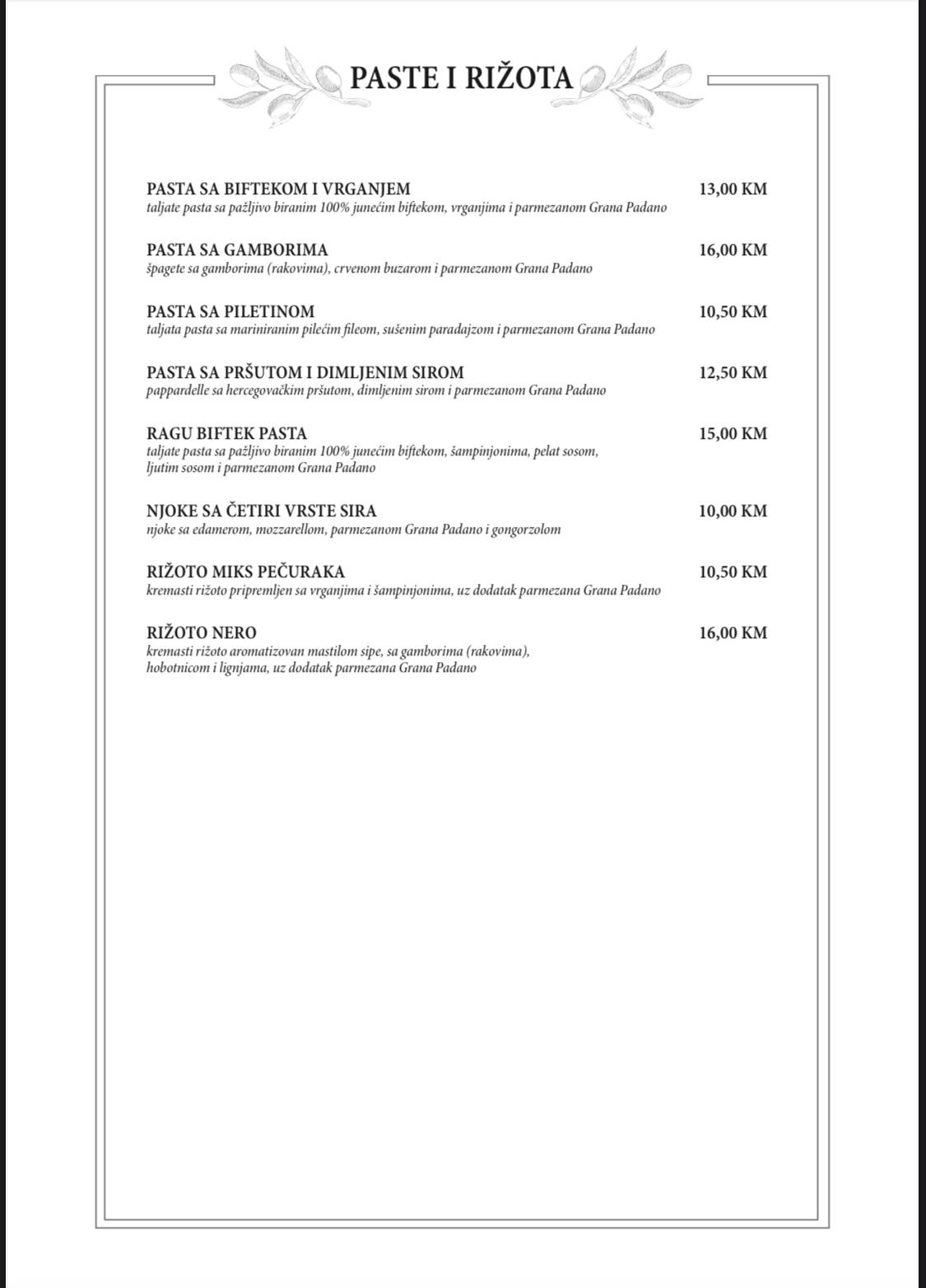 Menu at Soho cafe, Bijeljina