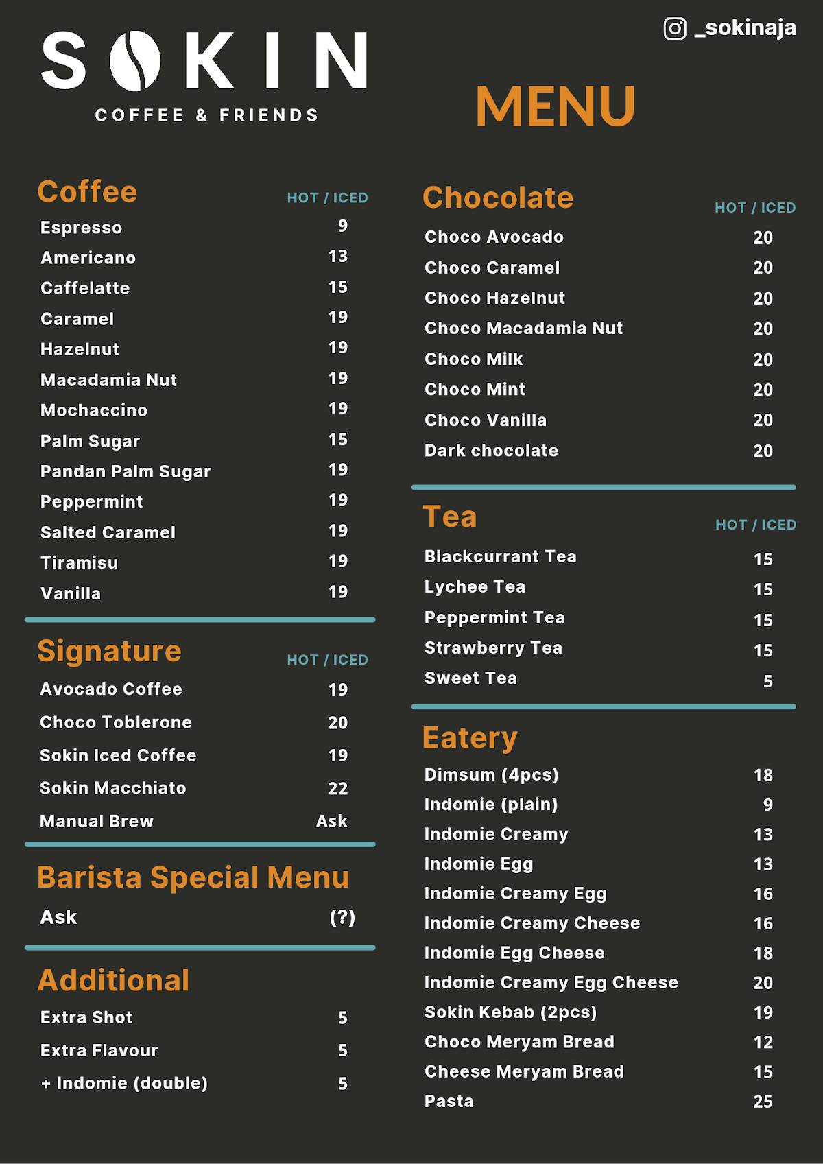 Menu at Sokin, Coffee & Friends, Jakarta
