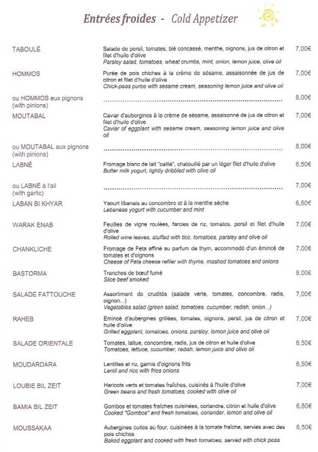 Menu au Solemar restaurant, Paris