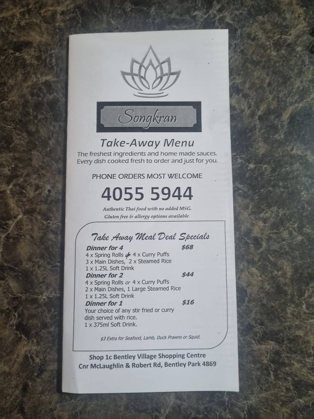 Menu at Songkran Thai Restaurant, Bentley Park