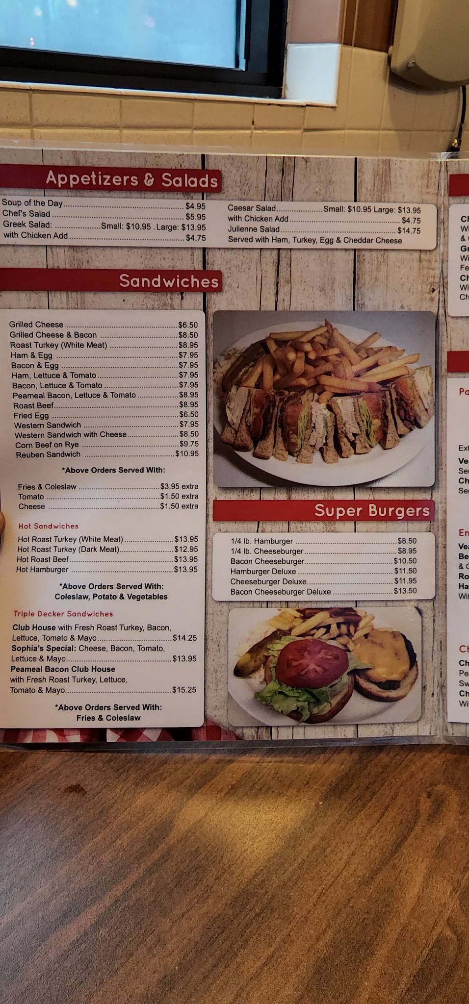 Menu at Sophia's Diner restaurant, Sarnia