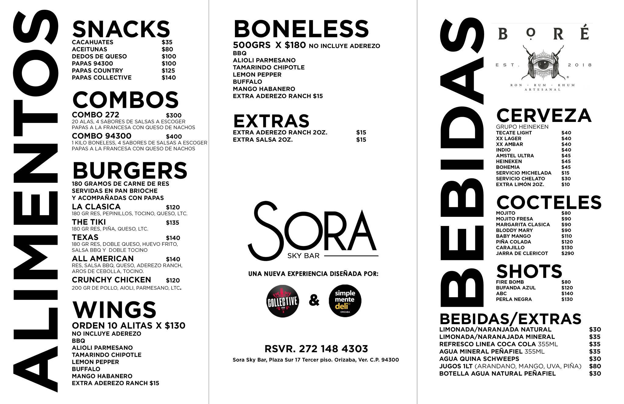 Carta de Sora Sky Bar, Orizaba