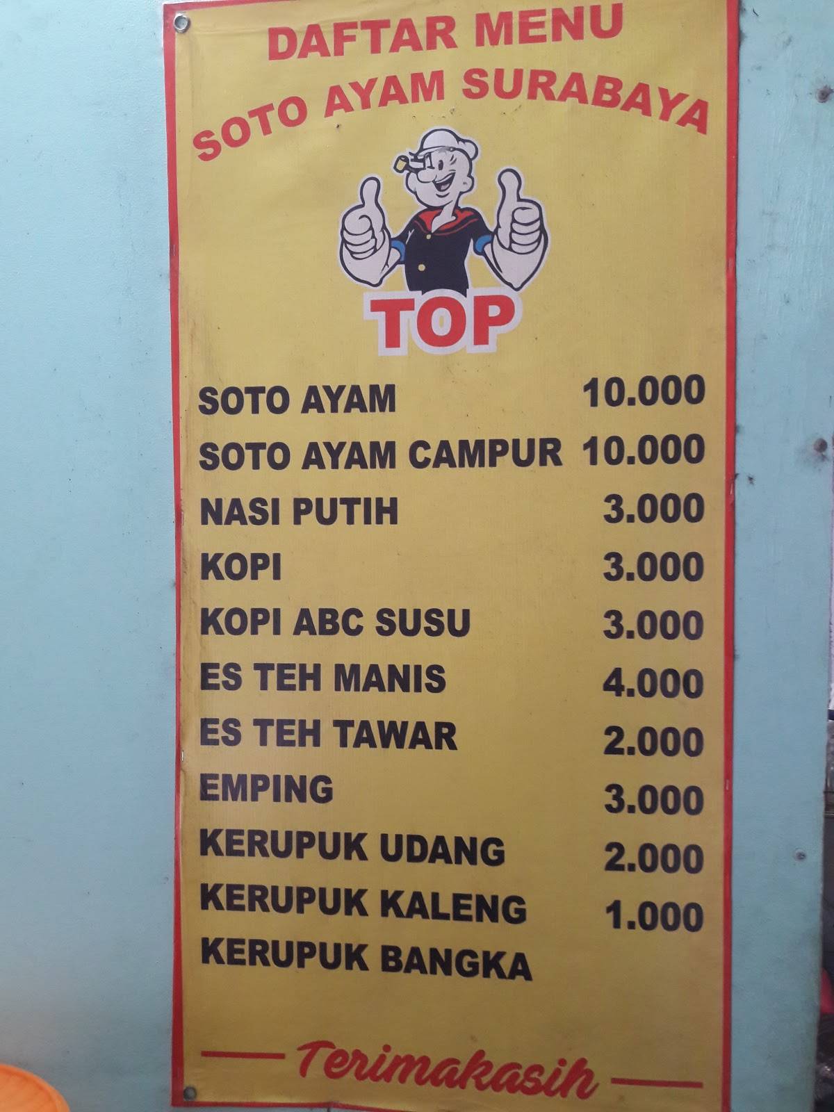 Menu at Soto Ayam Surabaya TOP restaurant, Rawakalong