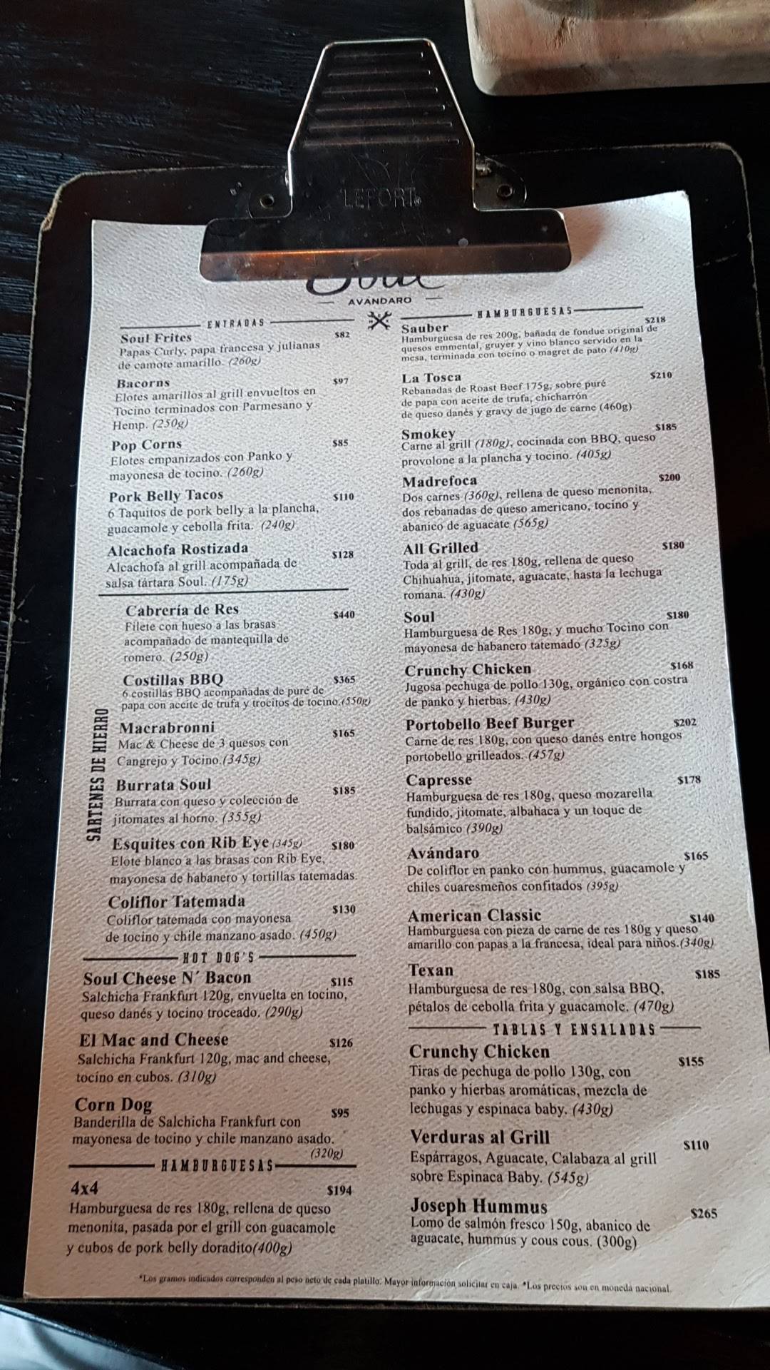 Carta del pub y bar Soul Avándaro, Valle del Bravo