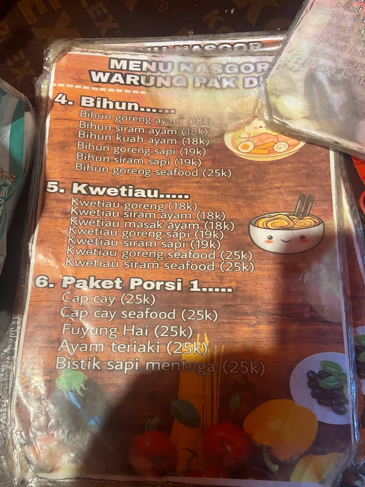 Menu at Nasi Goreng Warung Pak Dhe restaurant, South Jakarta