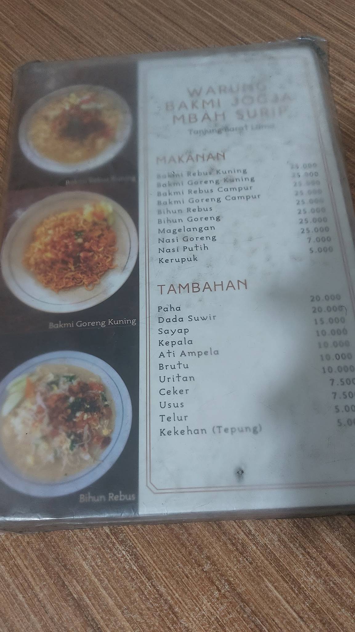 Menu at Warung Bakmi Jogja Mbah Surip, South Jakarta