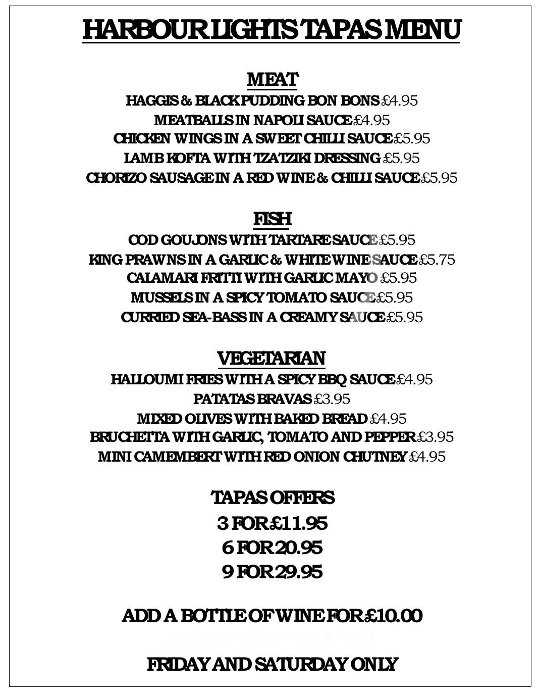 Menu at Harbour Lights Inn pub & bar, South Shields