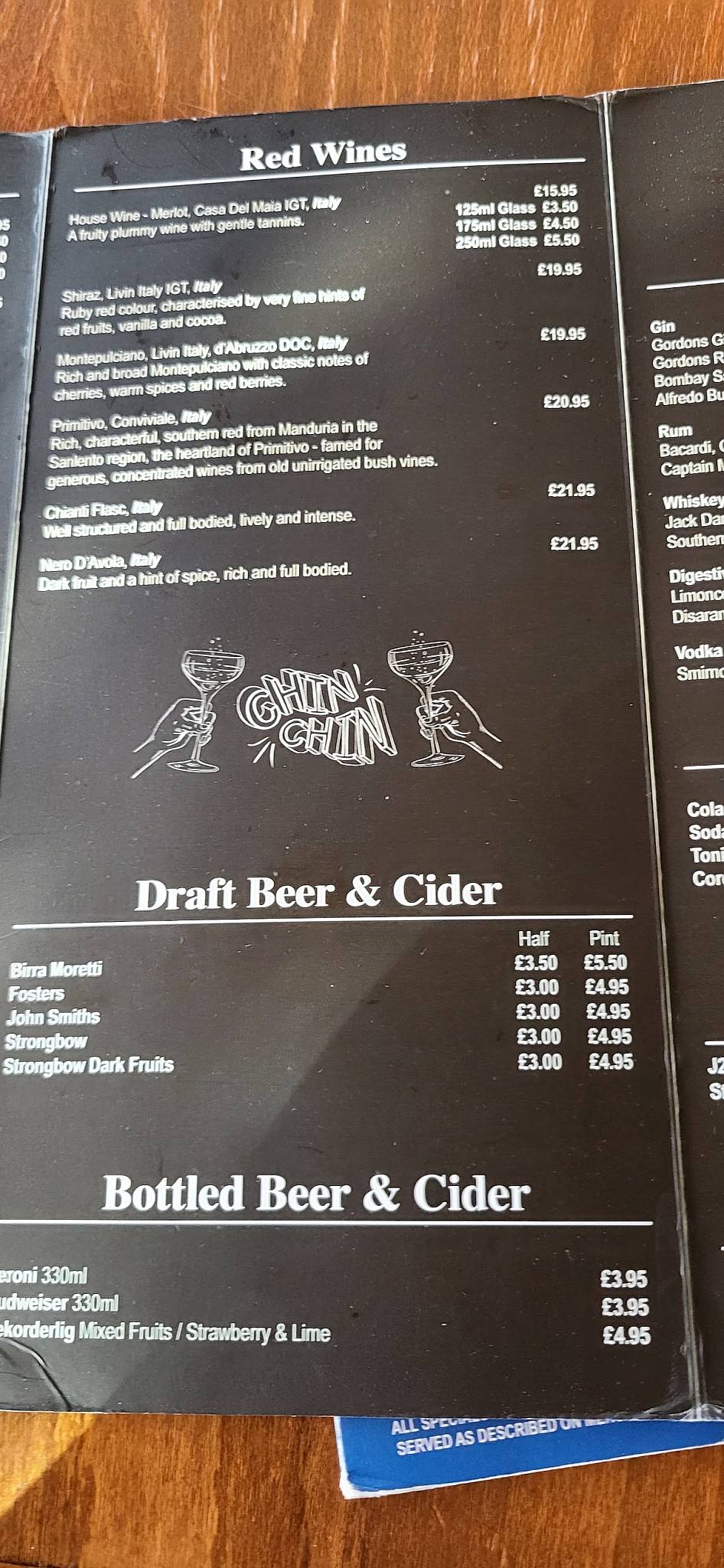 Menu at Sambuca South Shields restaurant, South Shields, The Dunes