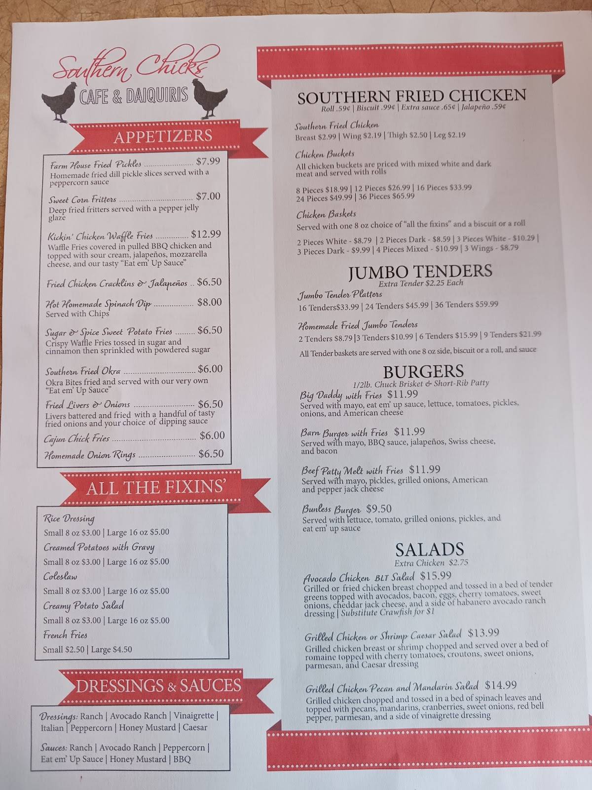 Menu at Southern Chicks Cafe & Daiquiris, New Roads