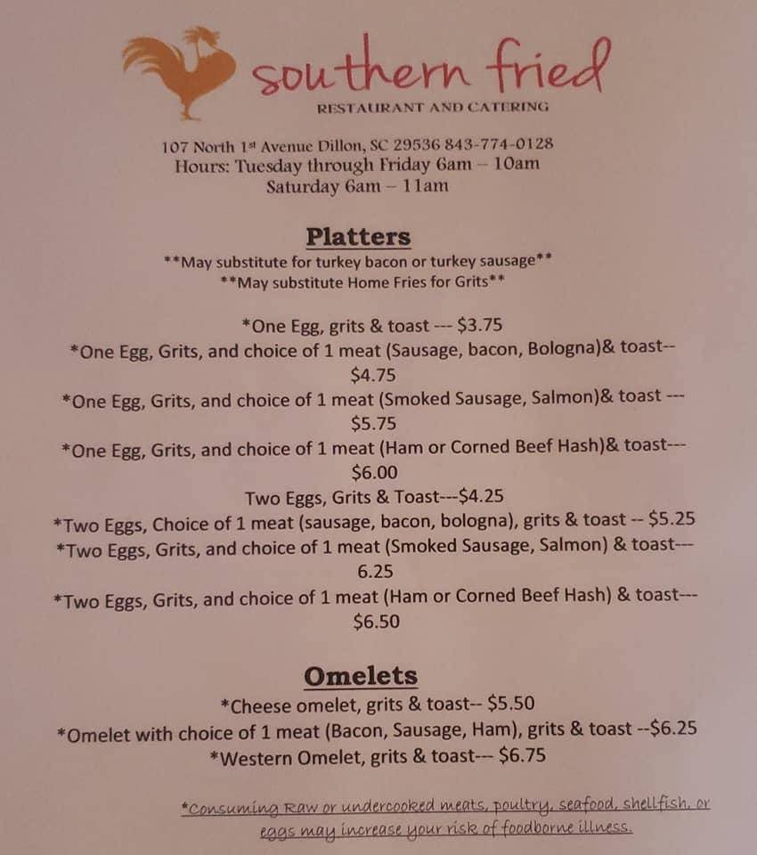 Menu at Southern Fried Restaurant and Catering, Dillon