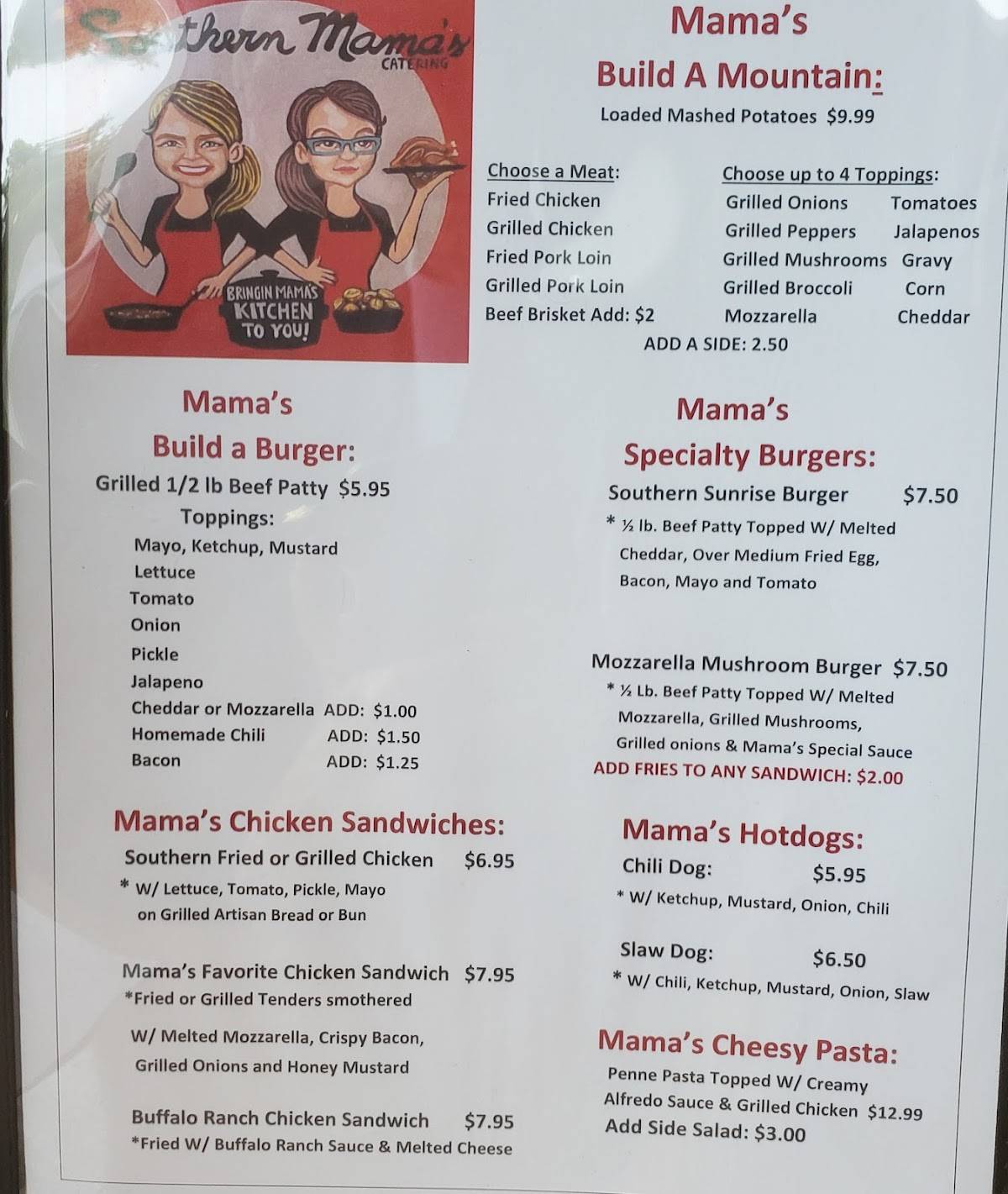 Menu at Southern Mama's restaurant, Elgin