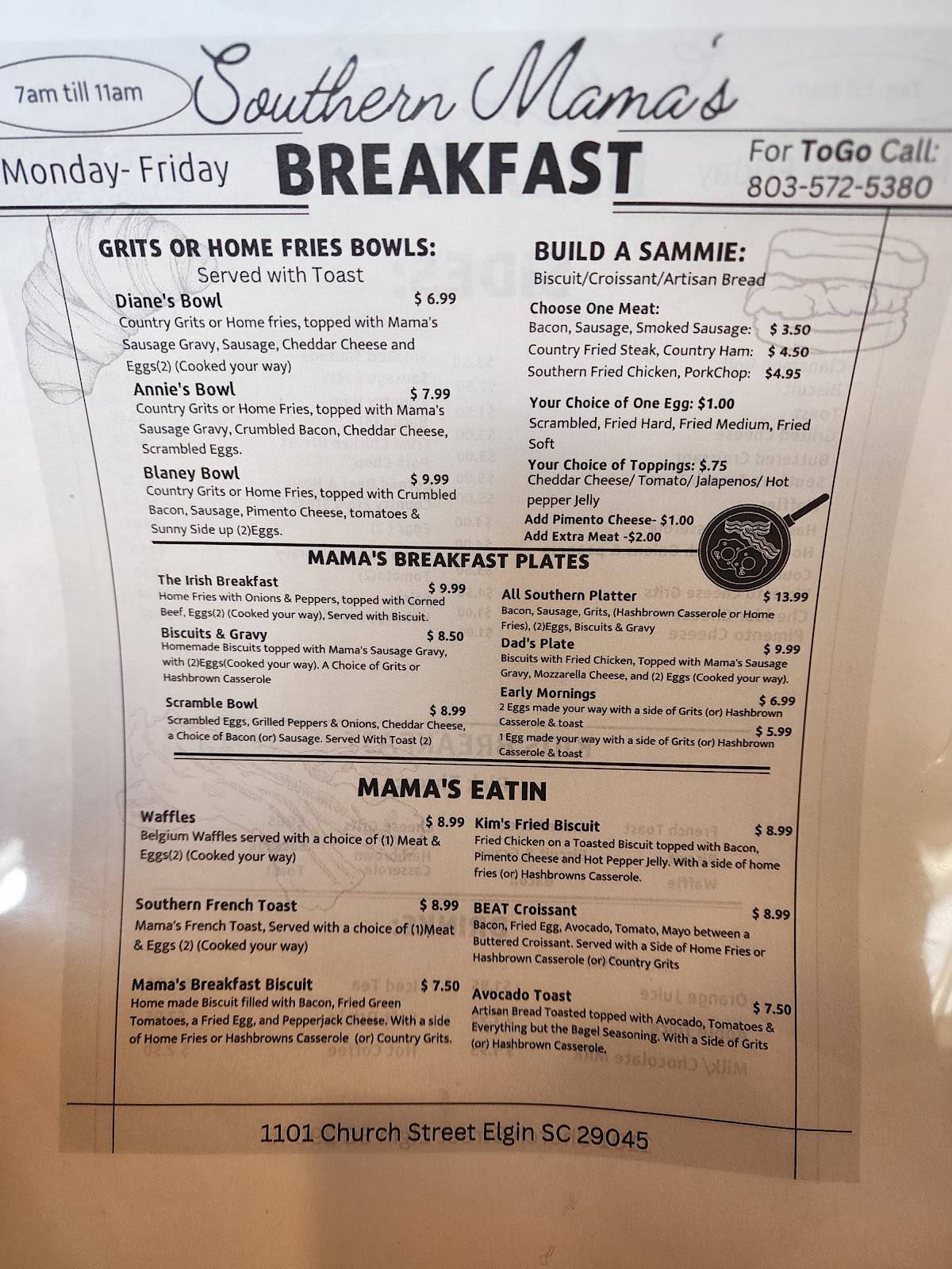 Menu at Southern Mama's restaurant, Elgin