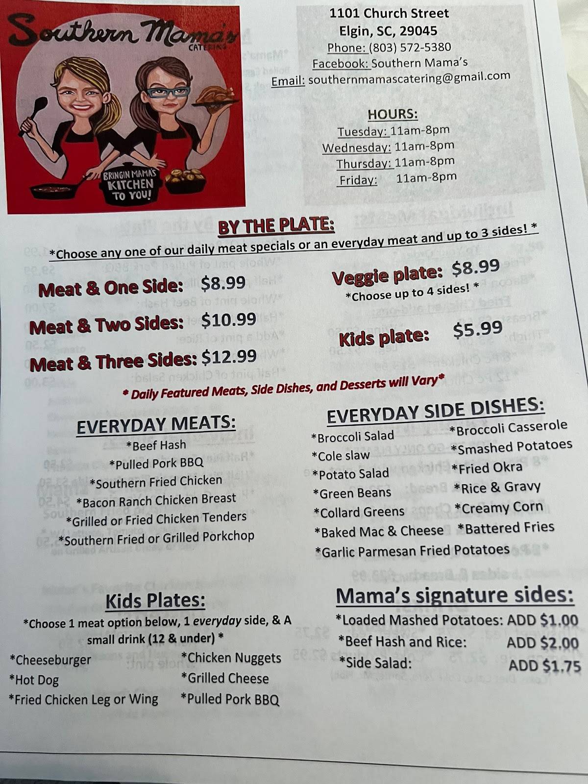Menu at Southern Mama's restaurant, Elgin