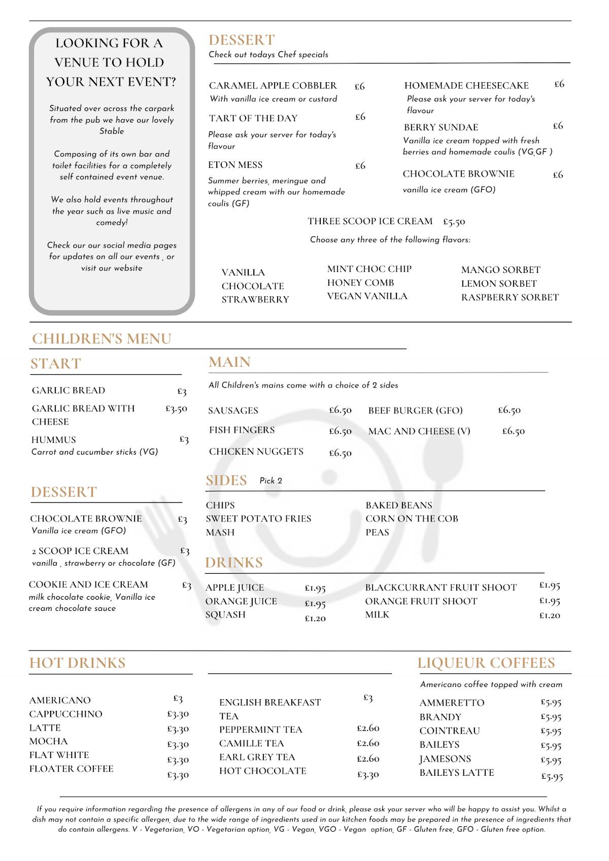 Menu at The White Horse pub & bar, Southill, High St