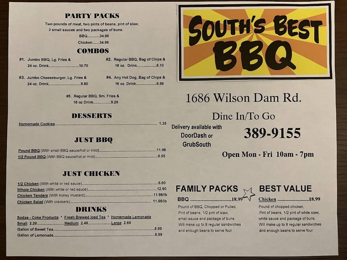 Menu at South’s Best BBQ/Southern BBQ, Muscle Shoals, S Wilson Dam Rd
