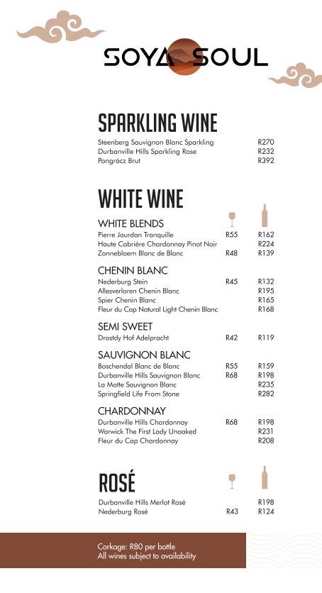 Menu at Soya Soul restaurant, Johannesburg