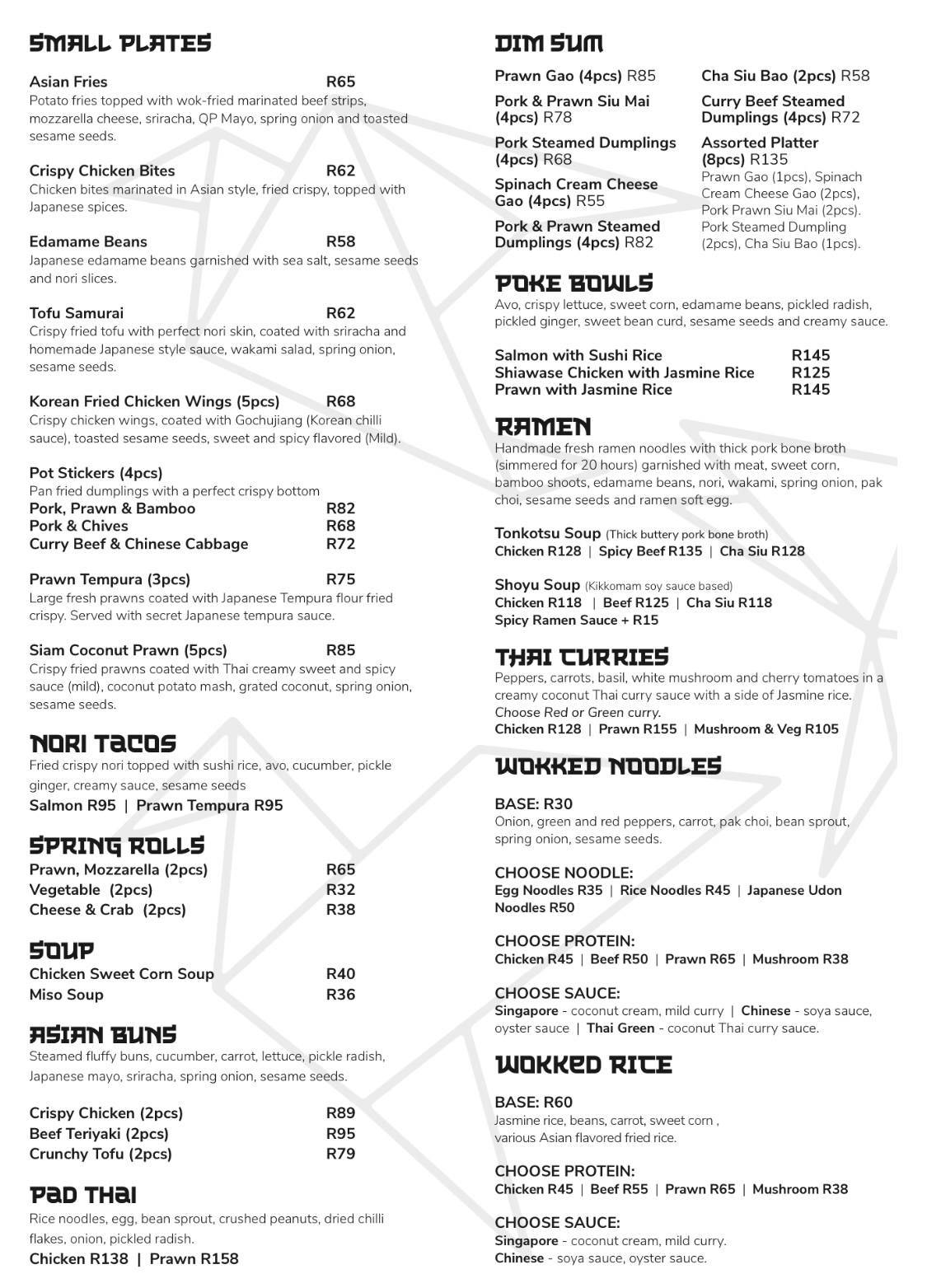 Menu at Soya Soul restaurant, Johannesburg