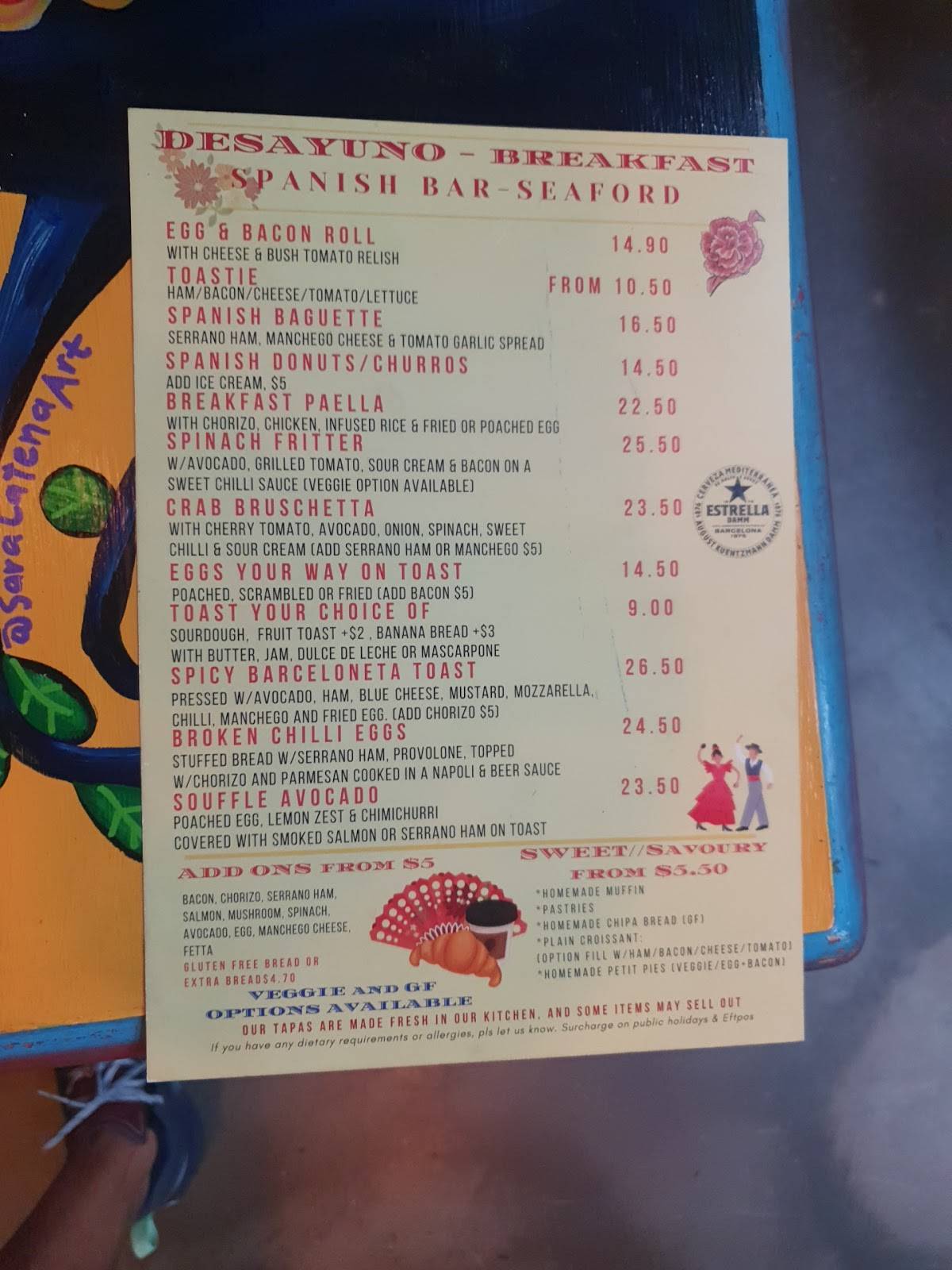 Menu at Spanish Bar, Seaford