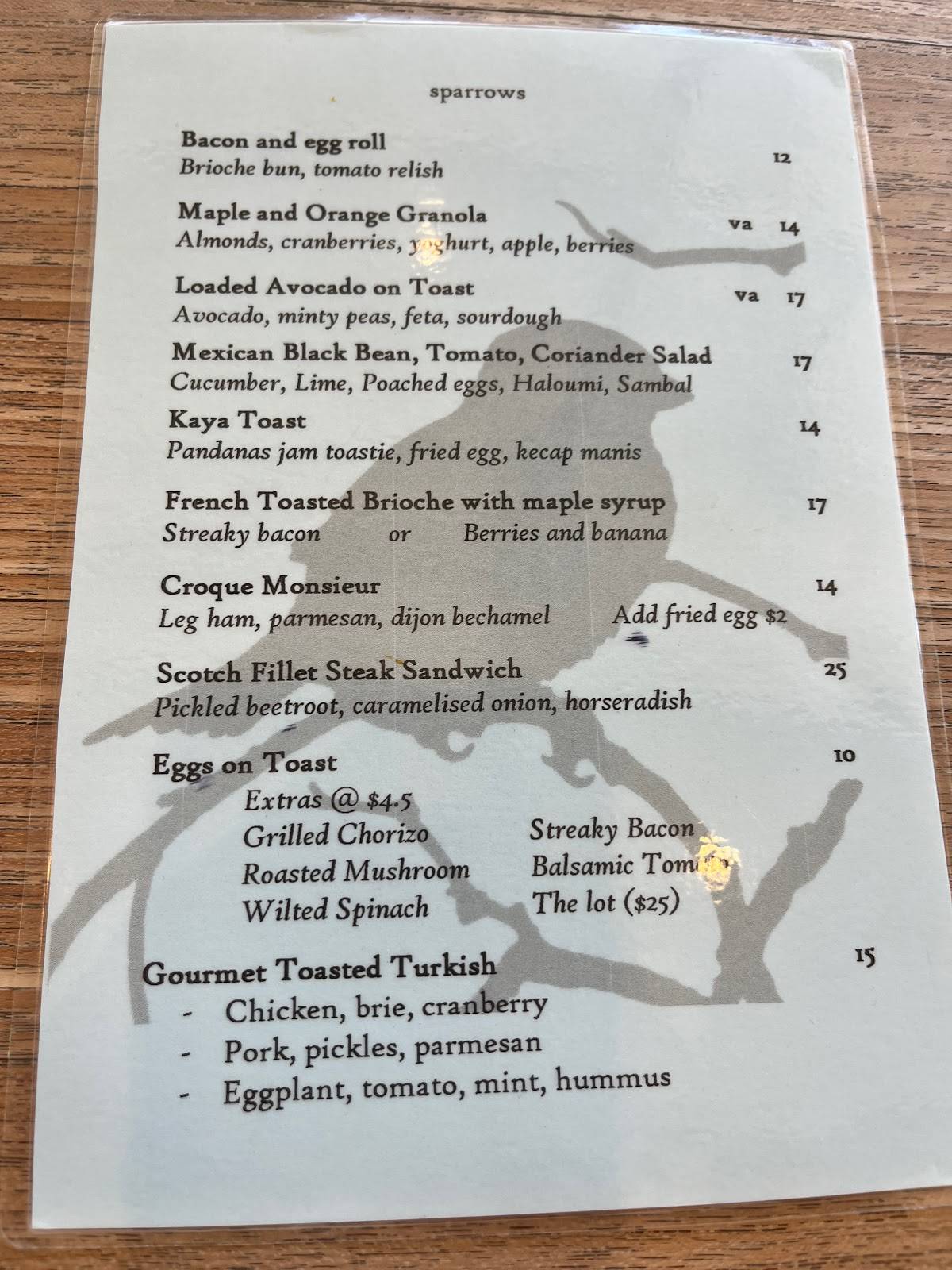 Menu at Sparrows Leura cafe, Leura