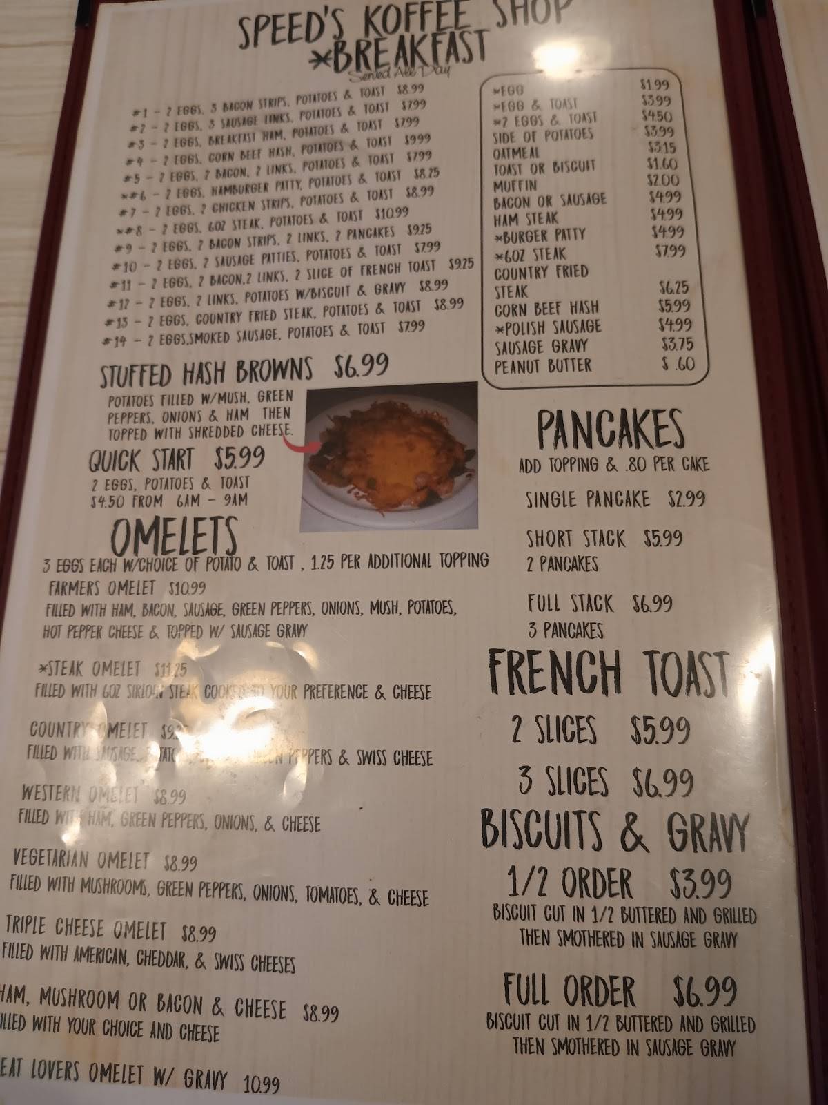 Menu at Speeds Coffee Shop cafe, Battle Creek